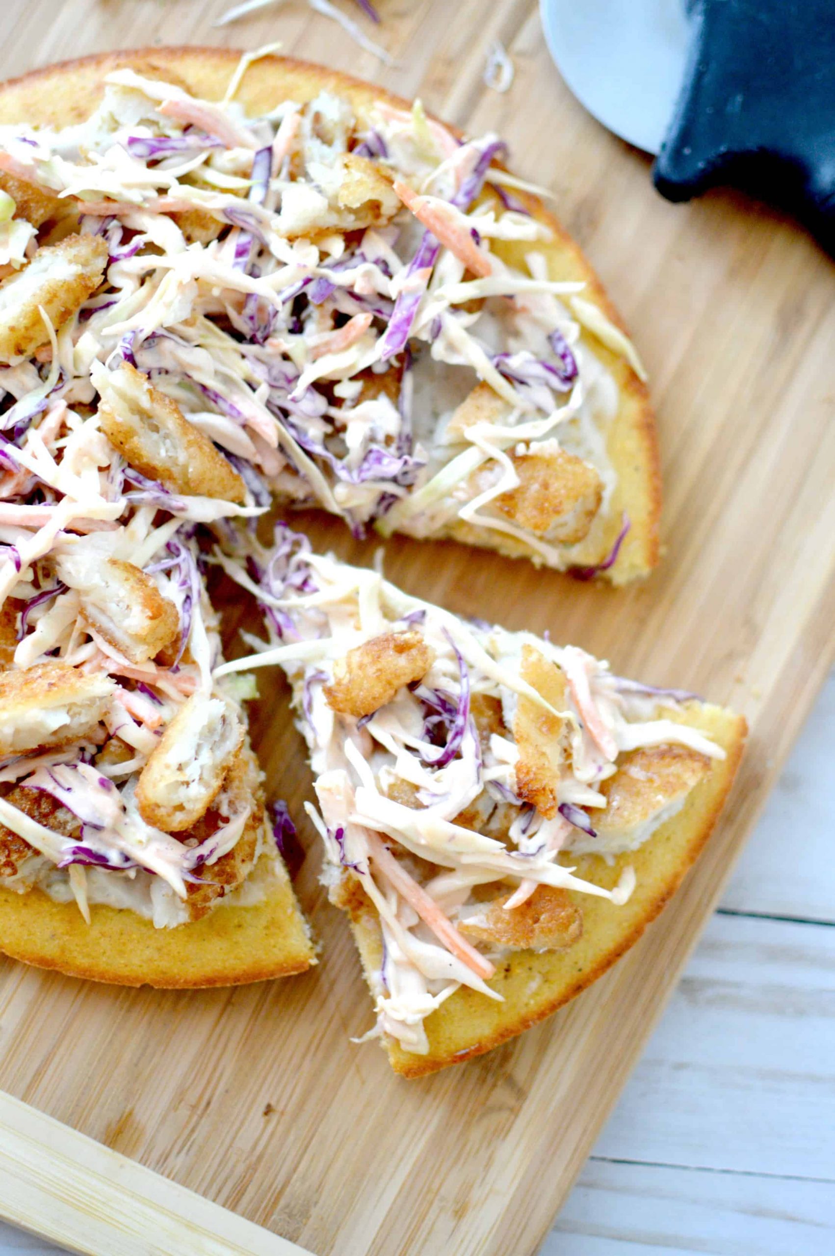 Beer Battered Fish Pizza + Honey Sriracha Cole Slaw